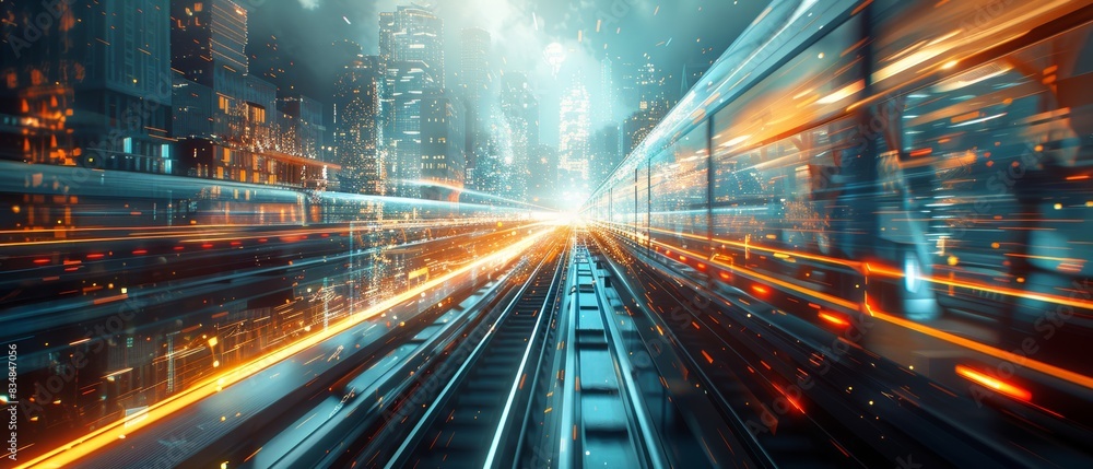 Smart city with highspeed maglev and hyperloop trains, digital network ...