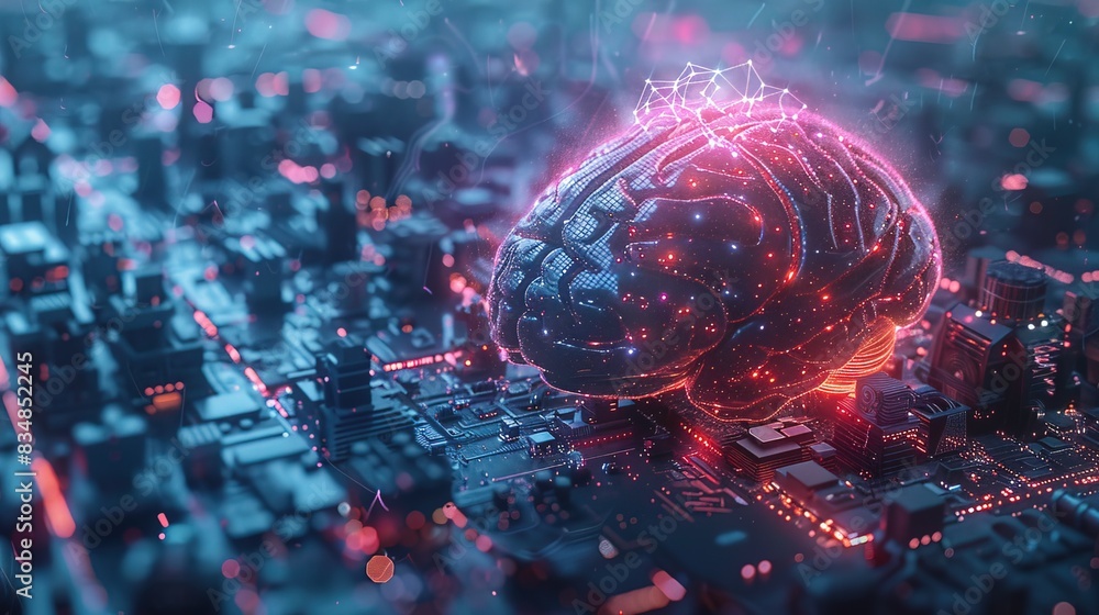 Futuristic AI brain interface, quantum circuits glowing, blockchain data streams, in immersive ...