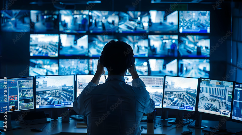 Security personnel monitoring surveillance cameras in a high-tech ...