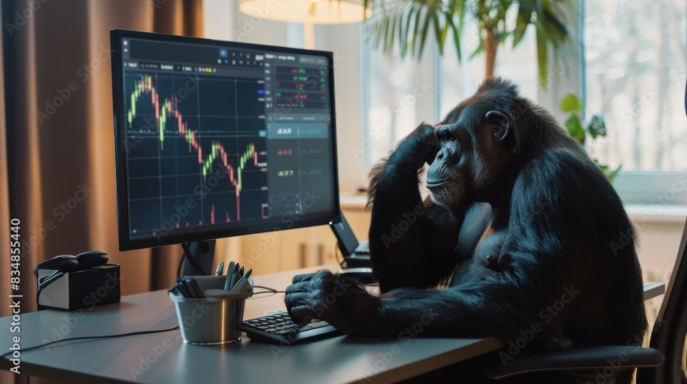 Funny image: Ape relaxes at a modern office desk with a stock trading ...