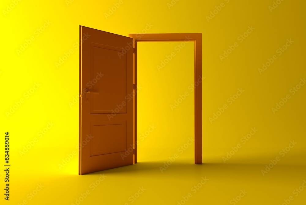 Open the door. Orange door, open entrance in orange background room ...