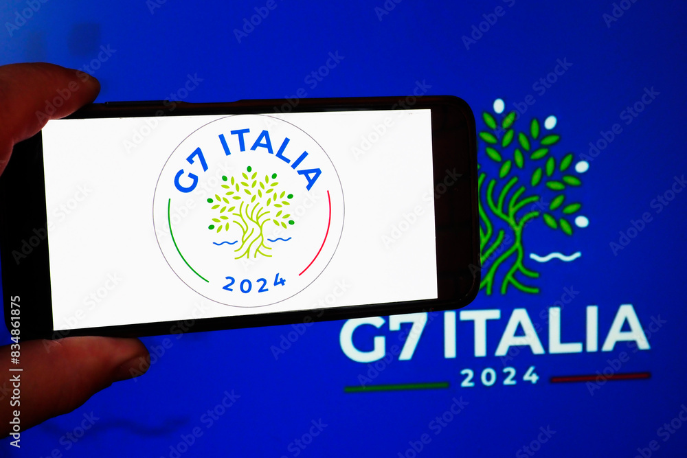 In this photo illustration, a 50th G7 summit logo seen displayed on a ...