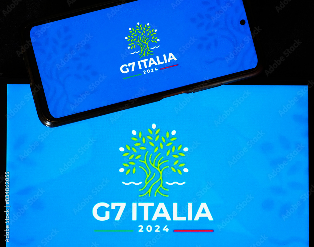 In this photo illustration, a 50th G7 summit logo seen displayed on a ...