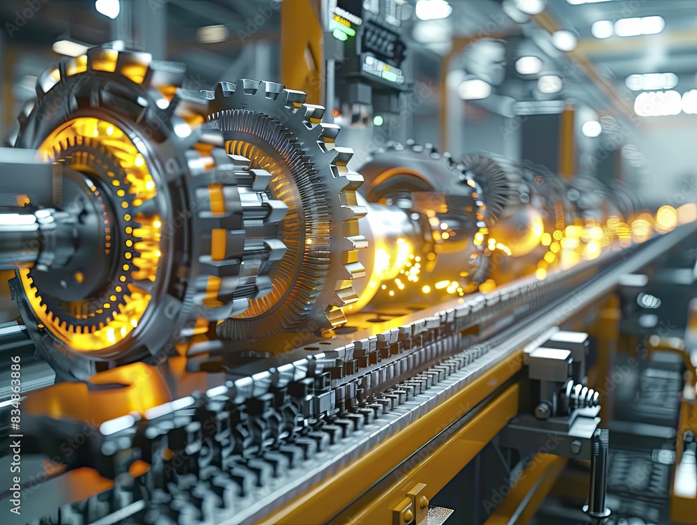 Gold production line, side view of synchronized machinery, highlighting ...