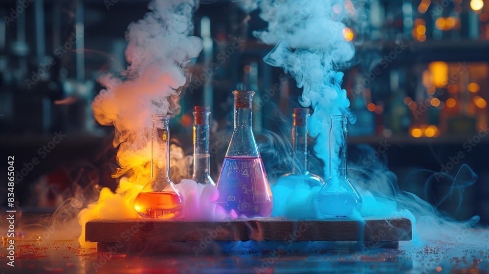 Lab concept showing a vivid experiment with smoke and liquid in beakers ...