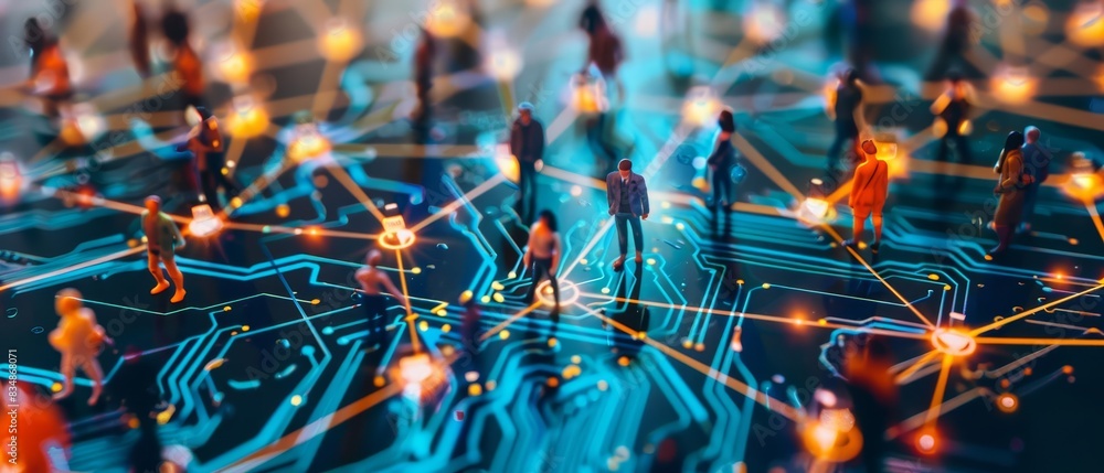 Multiple figurines connected by digital lines on a circuit board ...