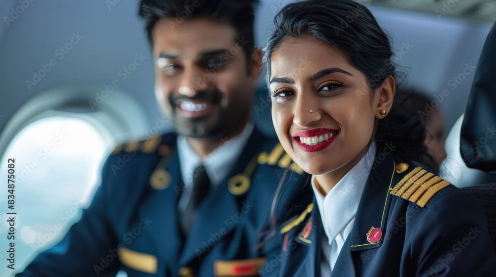 Smiling Indian flight attendant with Indian pilot posing for camera ...