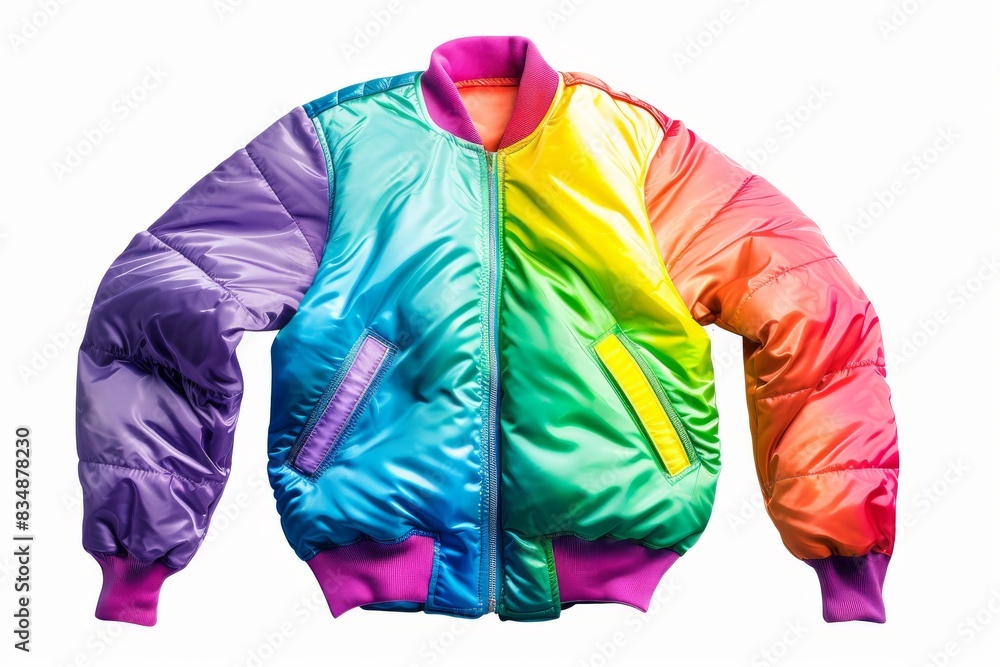 Colorful rainbow bomber jacket with vibrant gradient design, isolated ...