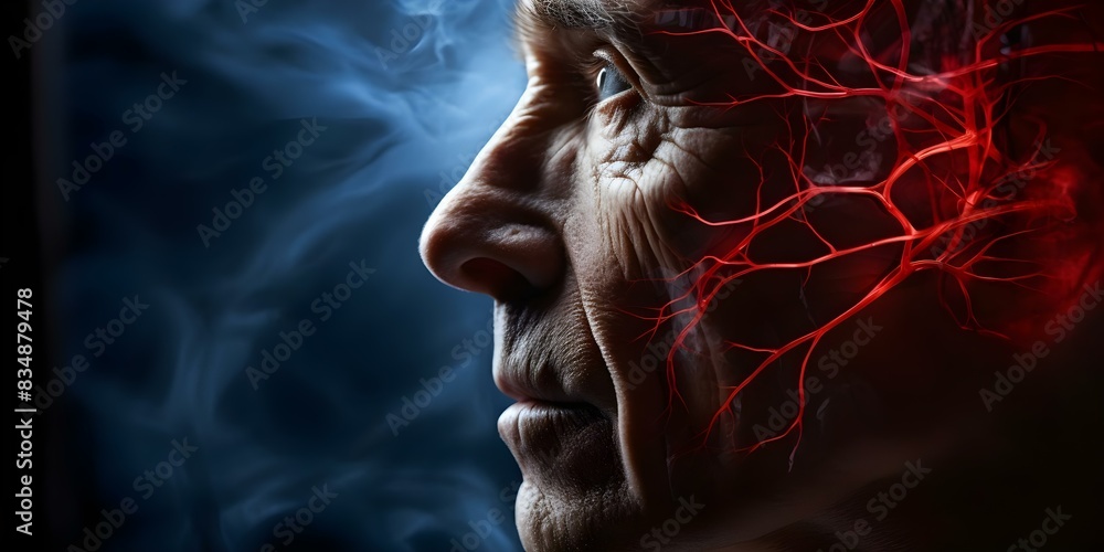 Person with highlighted brain affected by vascular damage causing ...