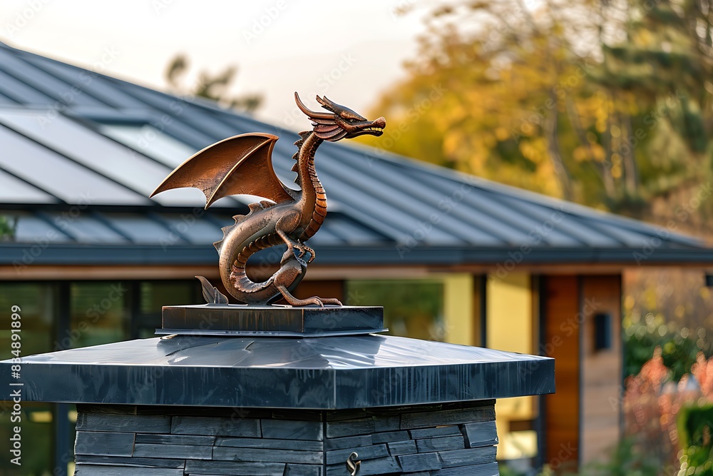 A modern craftsman house with a copper weathervane shaped like a dragon ...