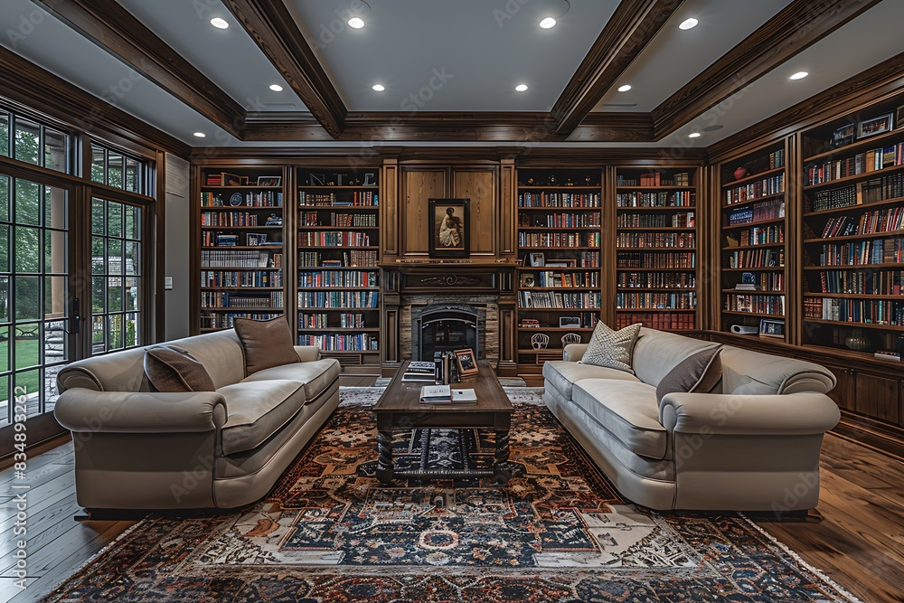 A modern craftsman house with a custom-built library featuring floor-to ...