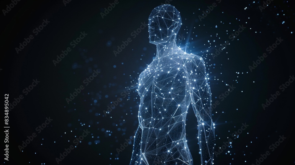 Glowing hologram of human body 3D structure with dark background. Stock ...