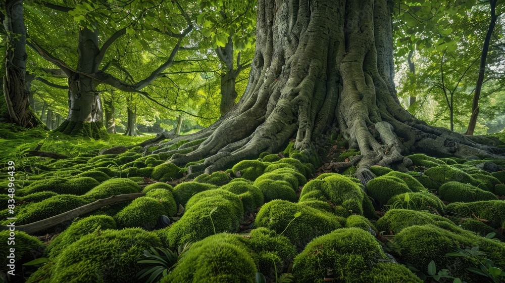 Ancient Tree Trunks Ancient tree trunks and lush moss create a magical ...