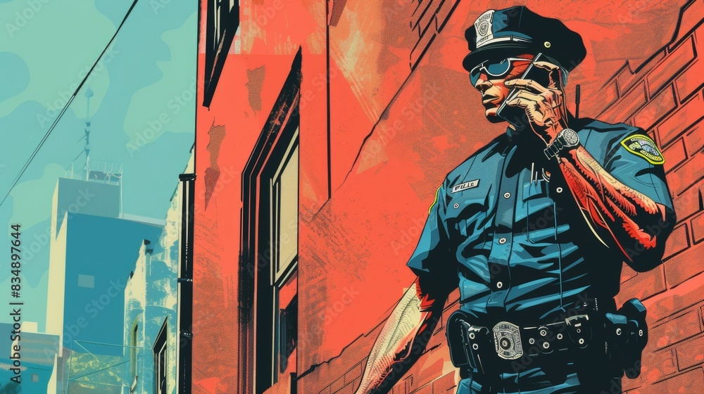 Vector illustration of police officer patrolling street. Comic book ...