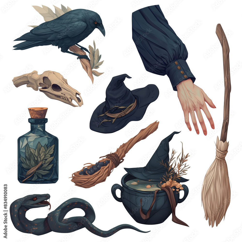 set of illustrations on the theme of witchcraft: raven, skull, broom ...