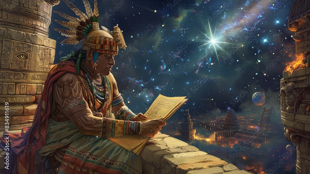 The image shows a man in traditional clothing sitting on a stone wall ...