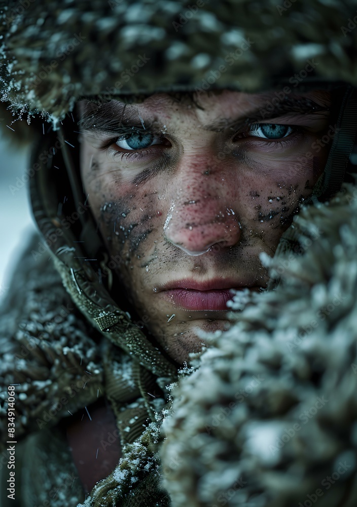 Portrait of a young soldier with blue eyes and a determined expression ...