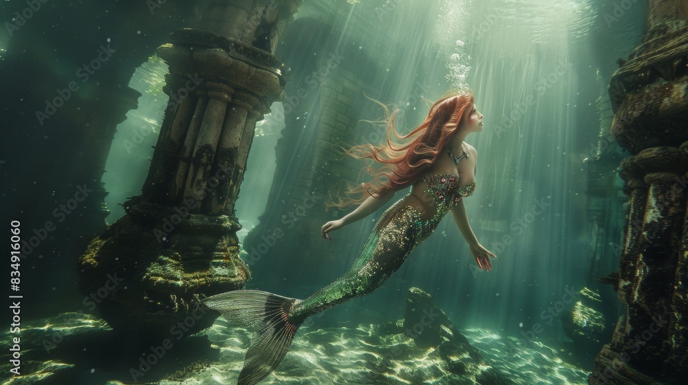 Foto de Beautiful mermaid swimming underwater in deep sea with ancient ...