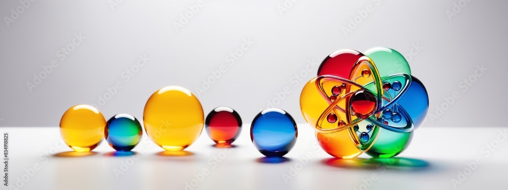 Horizontal banner with glass model of molecule. Neural network with ...
