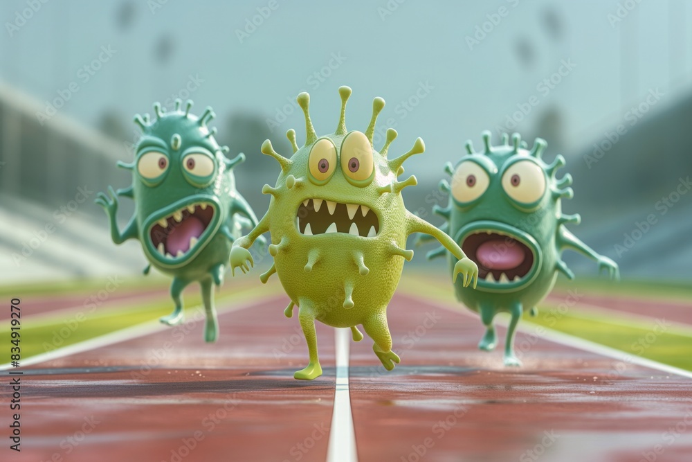 3d three Bacteria athletes running in a sports arena with treadmills ...
