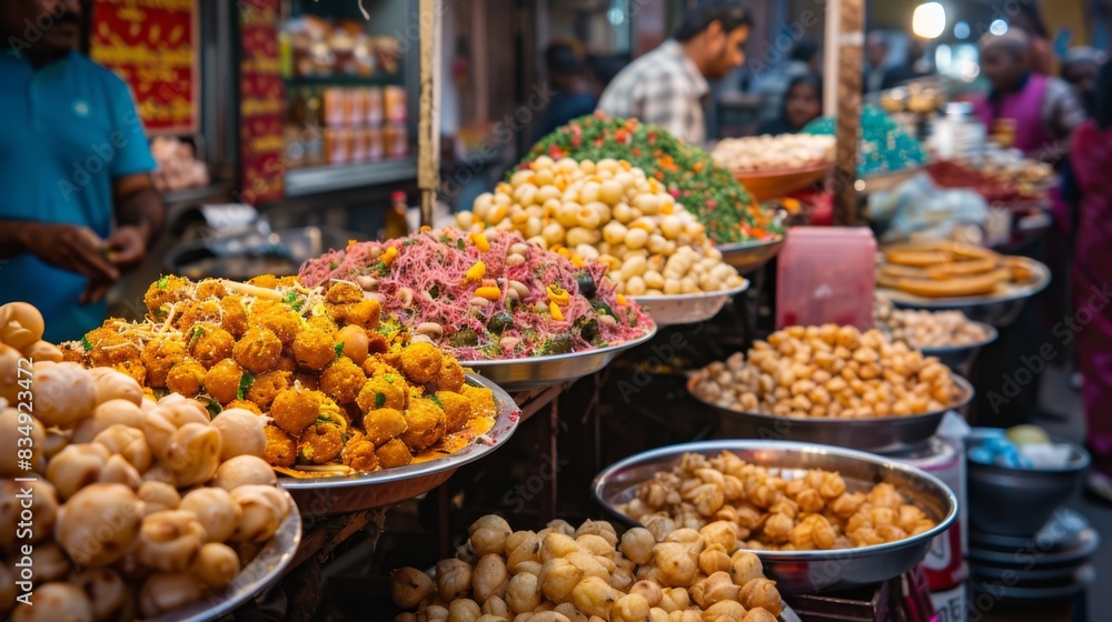 A platter of Indian snacks including pani puri, bhel puri, and sev puri ...