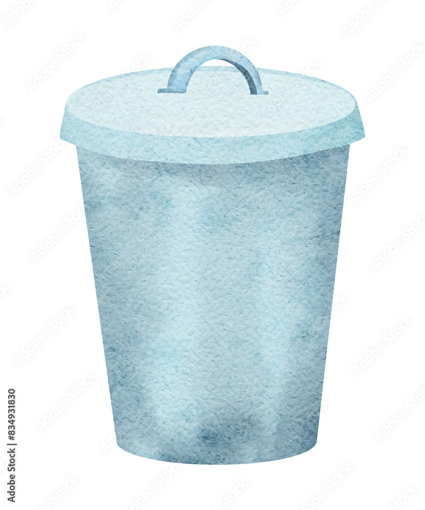 Blue recycling bin watercolor drawing isolated on background. Recycle ...