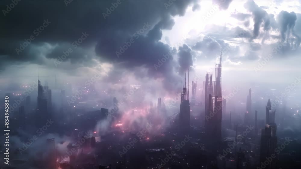 Dystopian city with skeletal skyscrapers oppressive atmosphere and ...