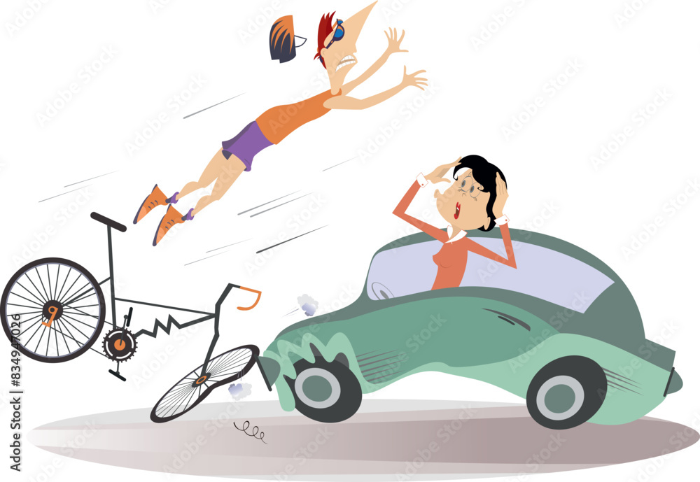 Traffic accident. Bike accident - collisions with car. Woman driver ...