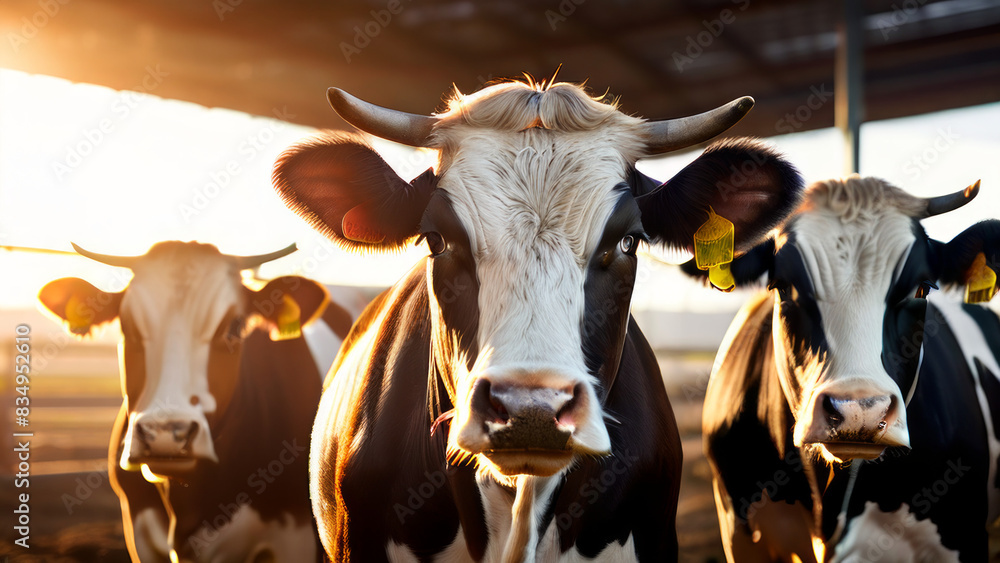 Three cows, with the focus on the central one, which looks directly ...