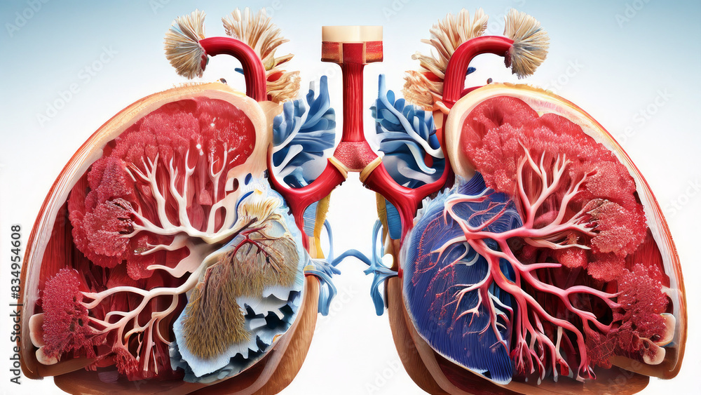 This is a detailed anatomical model of the human lungs. It is cut in ...