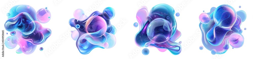 Set of 3D Iridescent holographic fluid shape blob with colorful ...