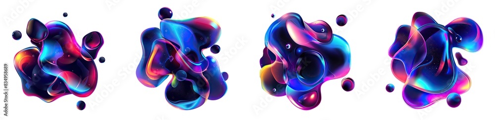 Set of 3D Iridescent holographic fluid shape blob with dark color ...
