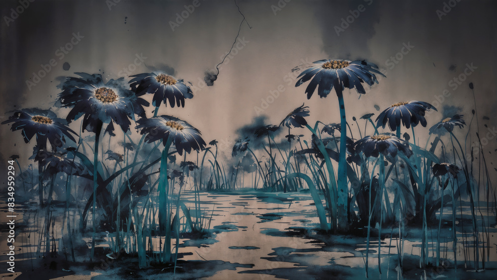 Dark gloomy grunge daisy flowers with muted blue color palette and ...