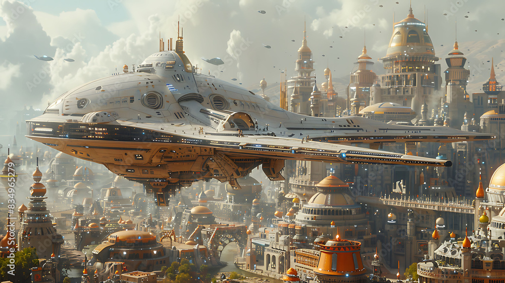 detailed and vibrant depiction of an alien spacecraft hovering above a ...