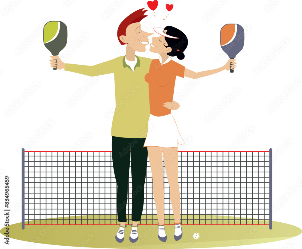 Pickleball court. Man and woman falling in love and kissing. Young man ...