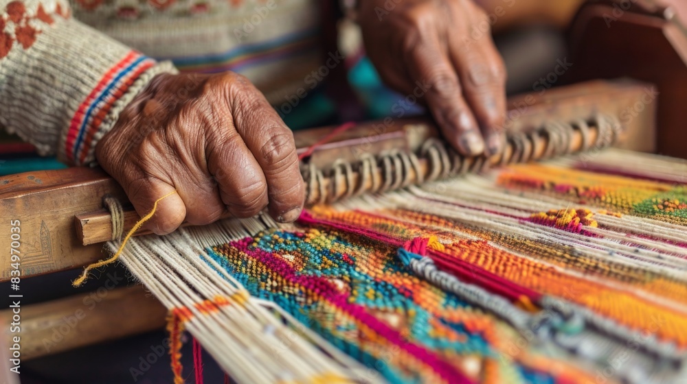 The photo shows a woman weaving a traditional fabric on a loom Stock ...