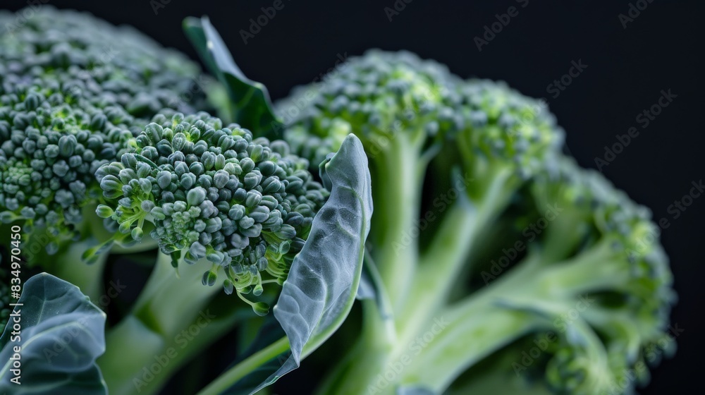 This image shows a close-up of a head of broccoli. The broccoli is a ...
