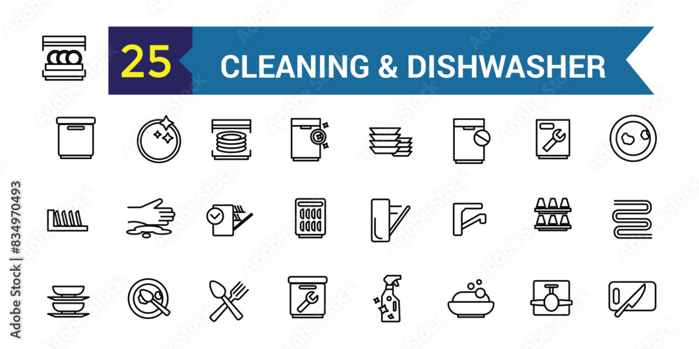 Cleaning and dishwasher icons set. Outline set of repair dishwasher ...