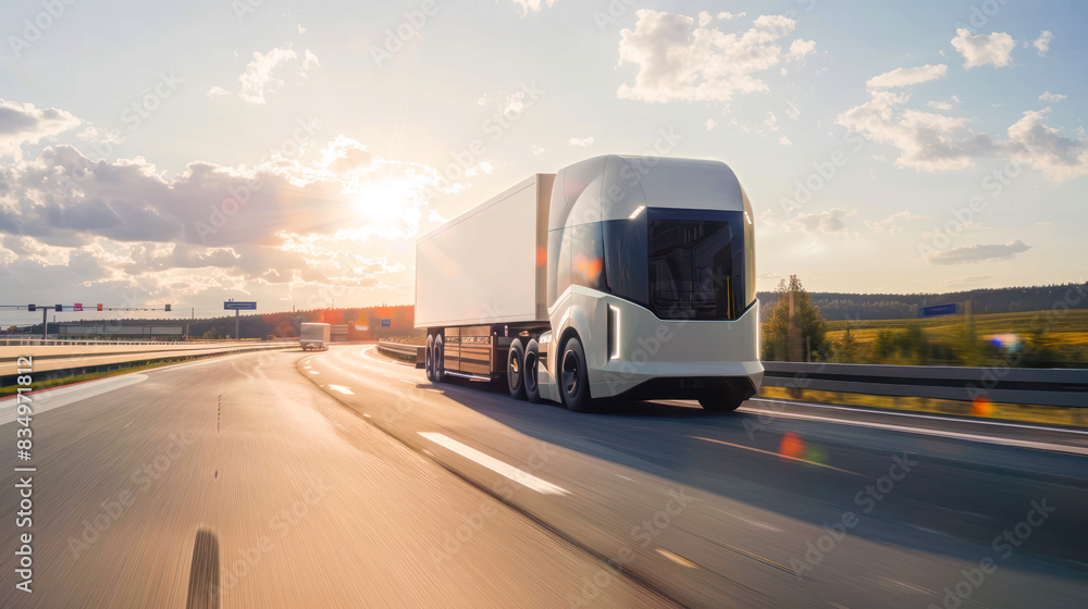 futuristic electric ground transport truck on the highway. autonomously ...