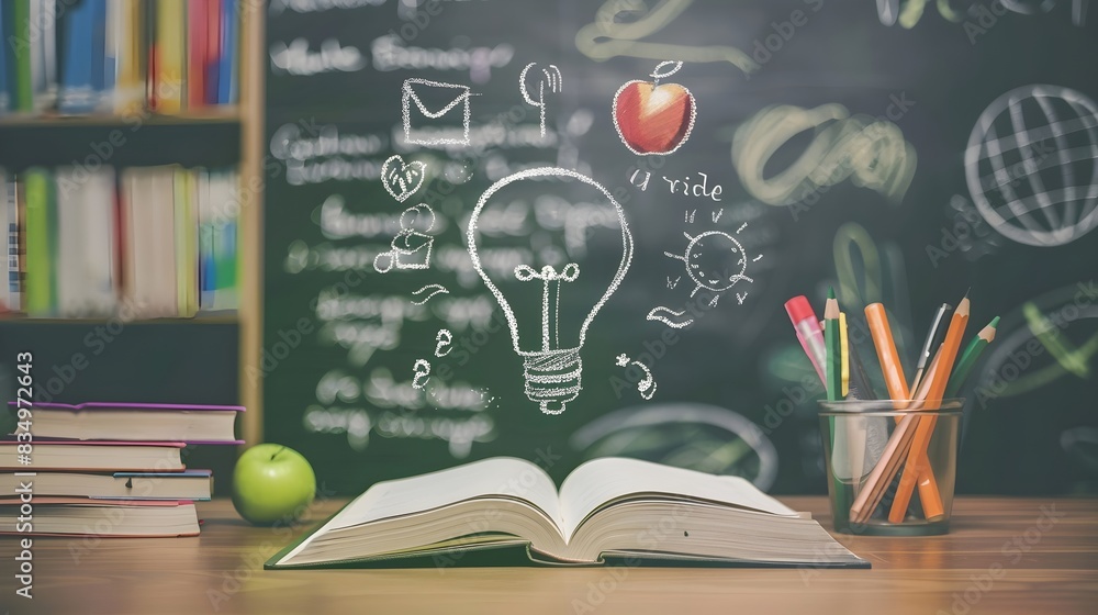 open book with chalk drawing of light bub in classroom setting back to ...