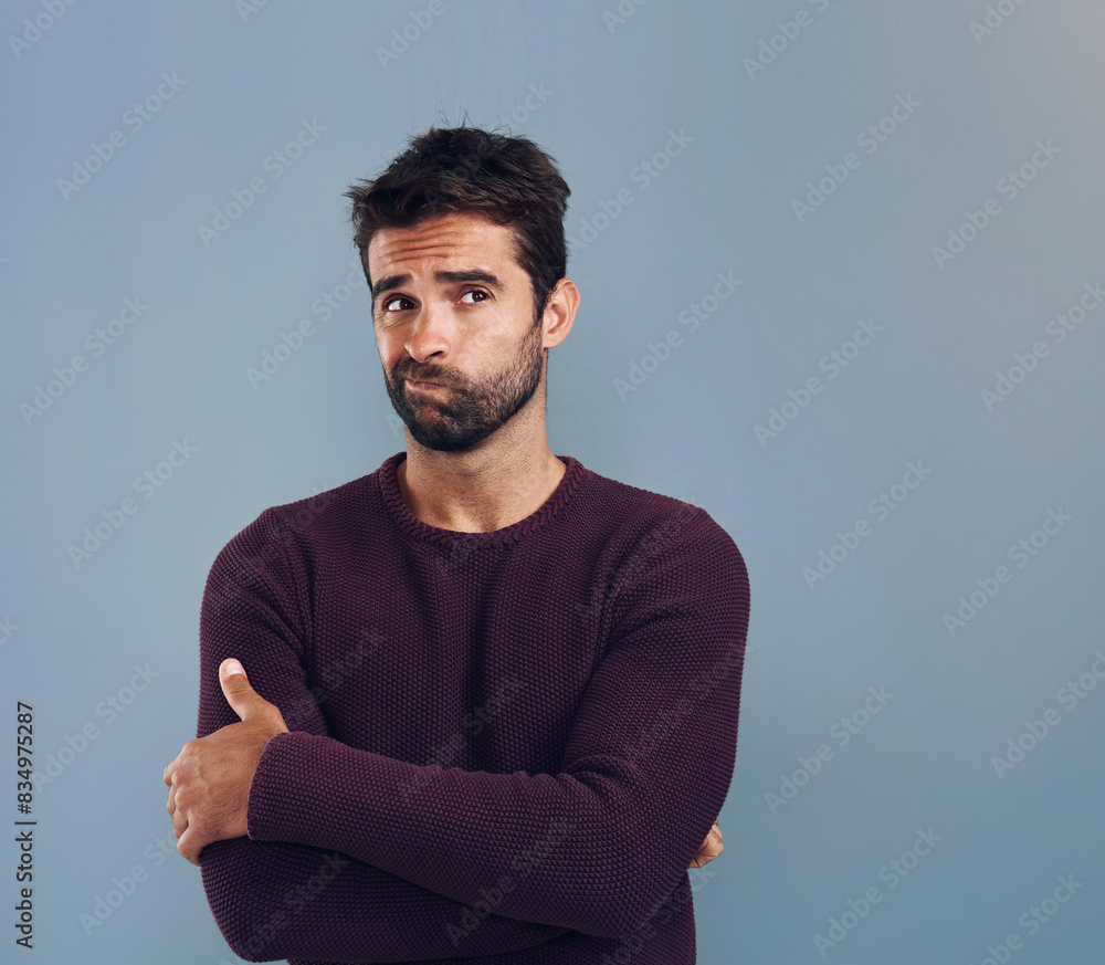 Solution, thinking and man with doubt, decision and problem solving on ...