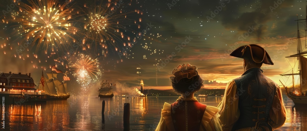 An oil painting-style image capturing the rear view of a colonial ...