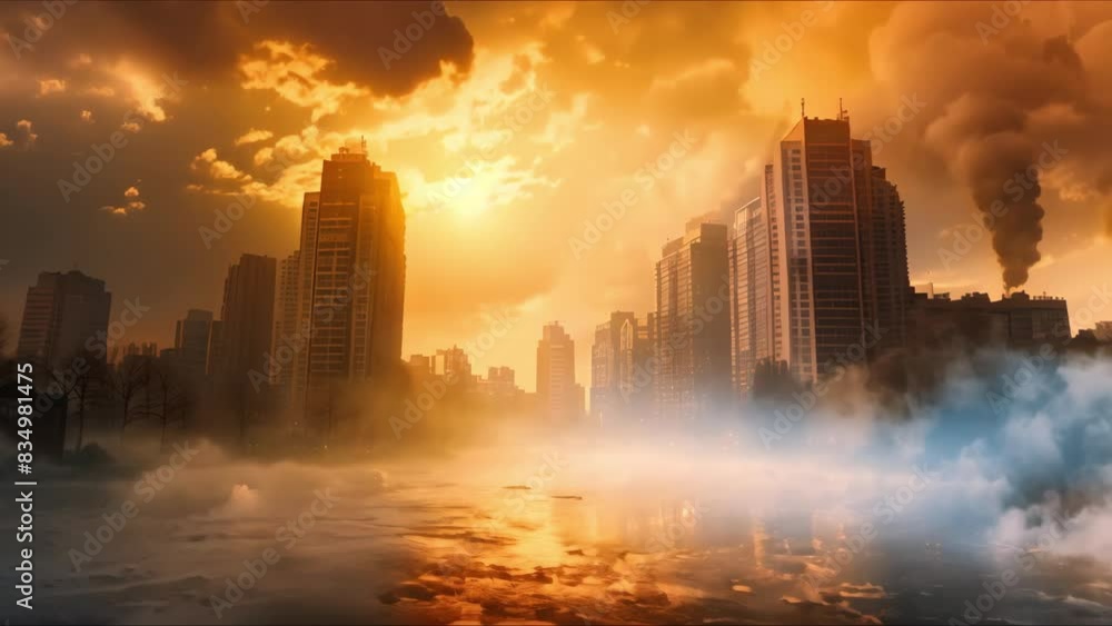 Dystopian Urban Landscape: Polluted River, Smoky Sky, and Towering ...