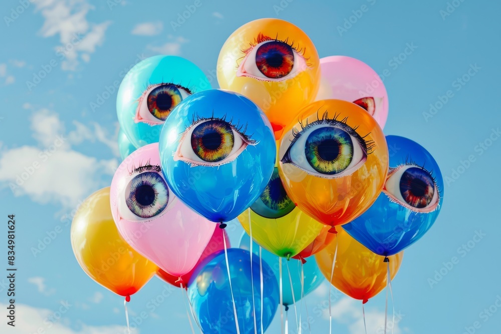 A vibrant group of balloons adorned with eye symbols, symbolizing the ...