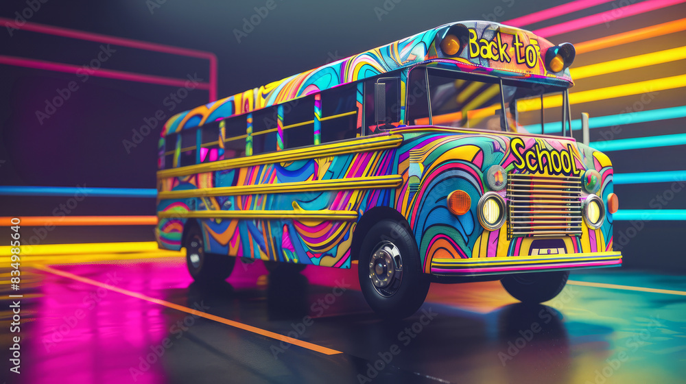 Colorful school bus with vibrant back to school sign in neon light ...