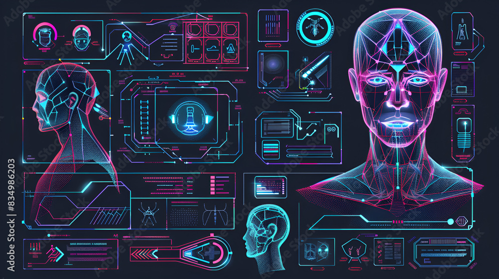 Futuristic design elements. 3D wireframe shapes, cyberpunk windows ...