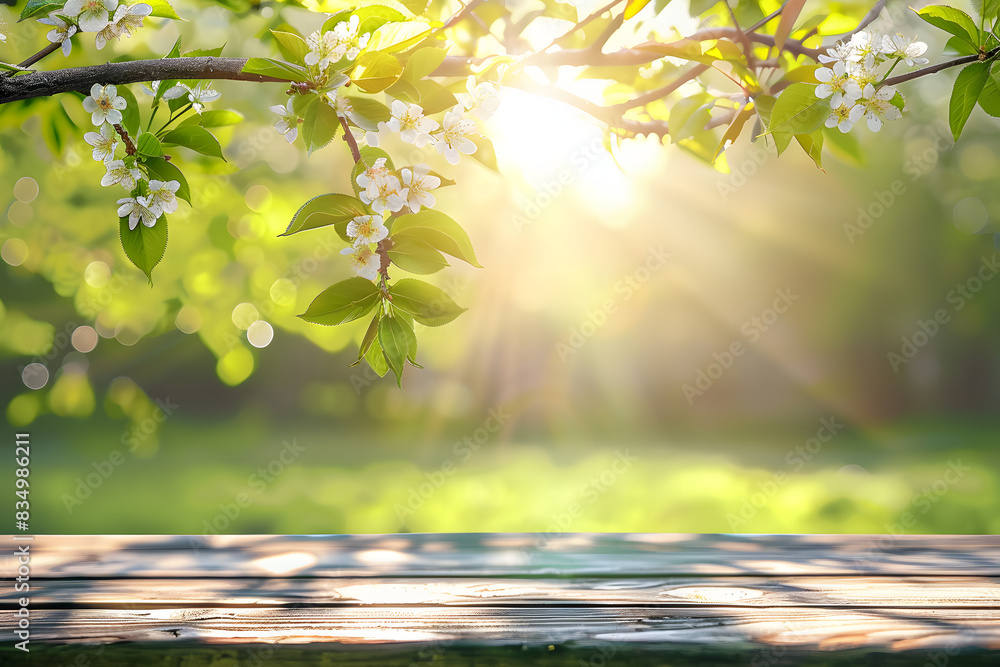 Spring beautiful background with green lush young foliage and flowering ...