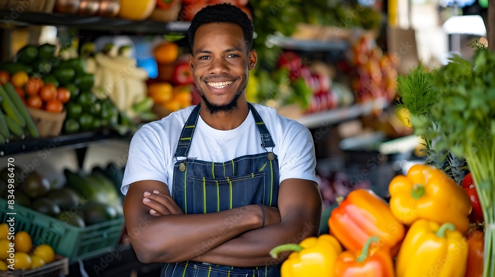 Smiling Black man standing in his produce shop, arms crossed, looking ...