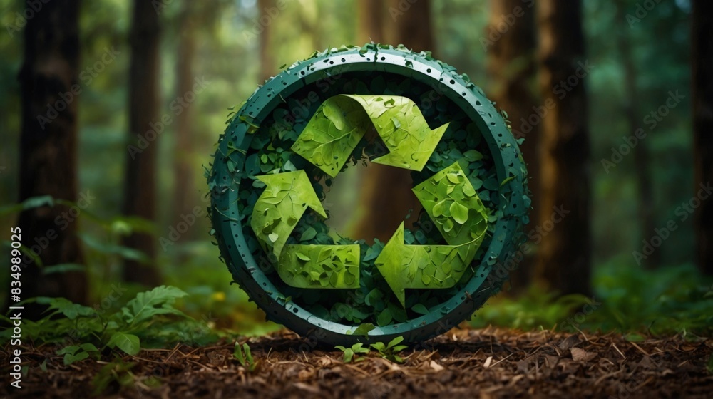 Ecological call to recycle and reuse, recycling symbol, green jungle ...