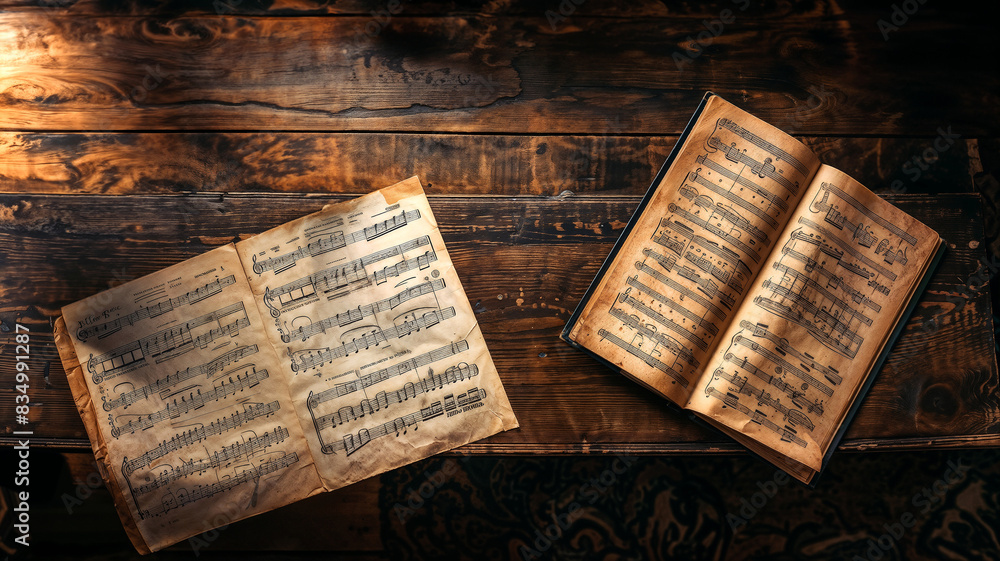 Old classical music books open with sheet music and musical notes on ...